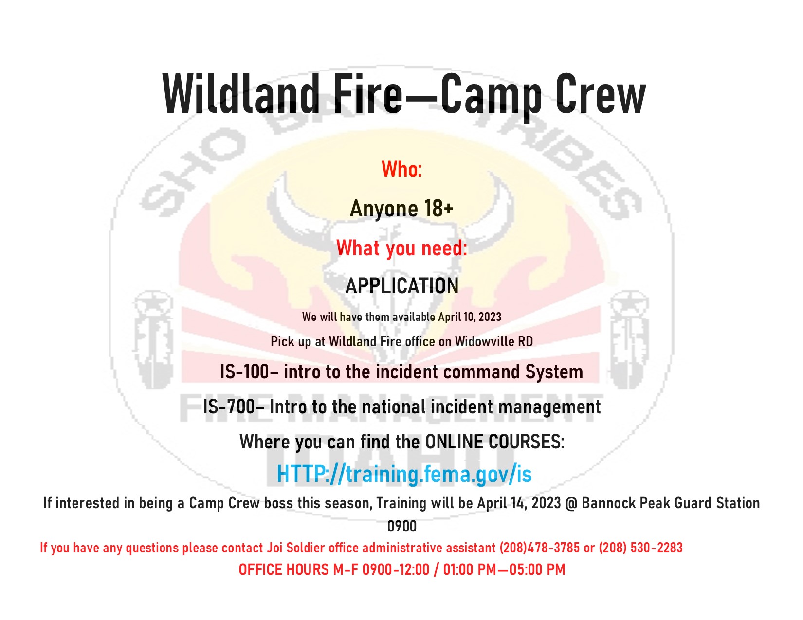 New Job Announcement – Wildland Fire Camp Crew | Shoshone-Bannock Tribes