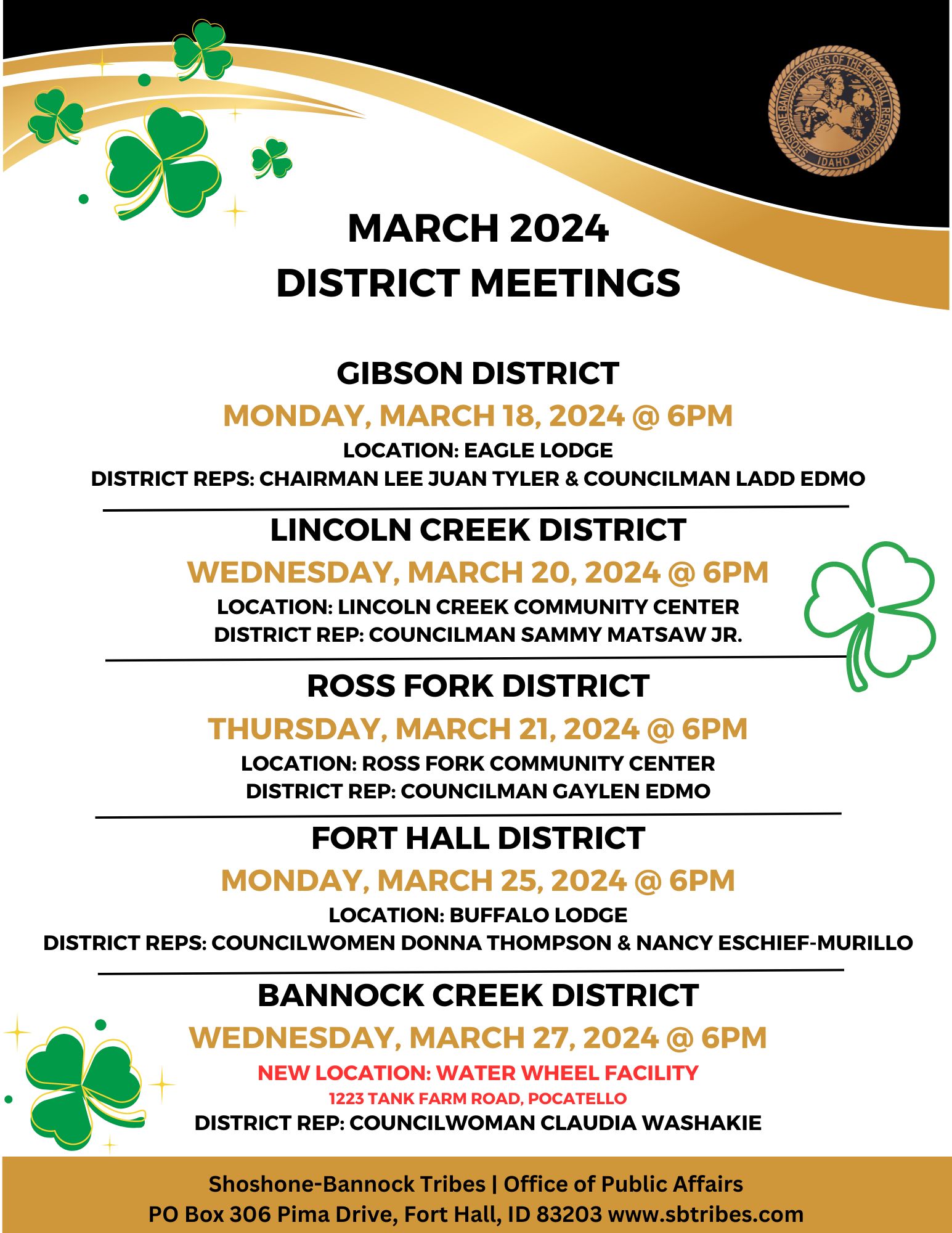 District Meetings for March Announced | Shoshone-Bannock Tribes