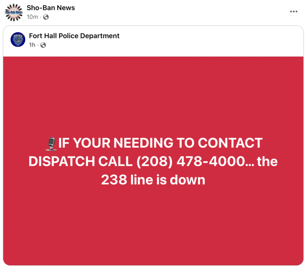 Fort Hall Police: Phone Lines down – to call Dispatch dial (208)478 ...