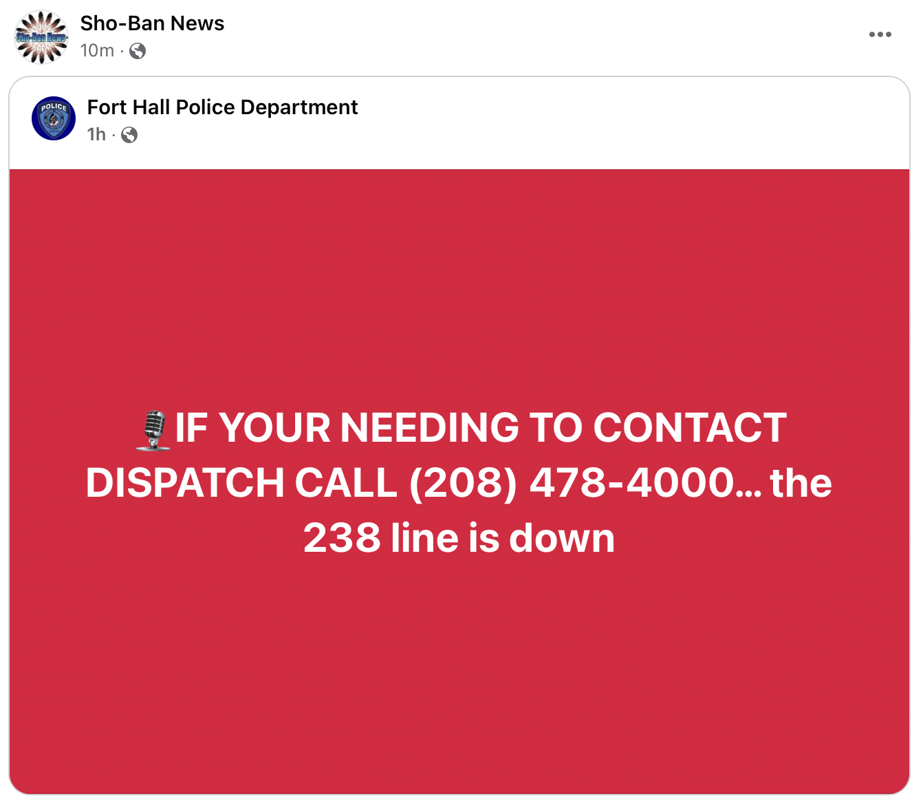 Fort Hall Police: Phone Lines down – to call Dispatch dial (208)478 ...