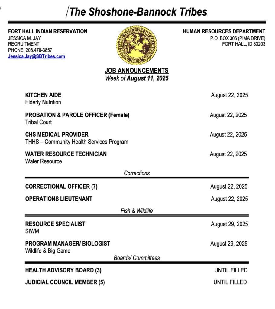 Weekly Job Announcements | Shoshone-Bannock Tribes